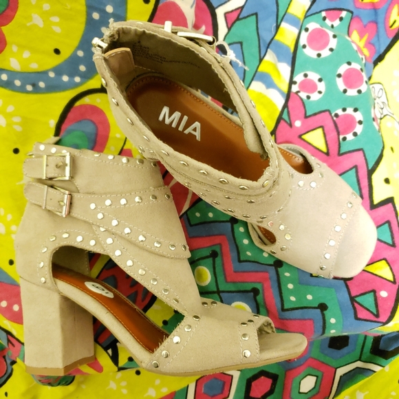 MIA | Shoes | New Mia Studded Faux Suede Peep Toe Block Heel Booties ...